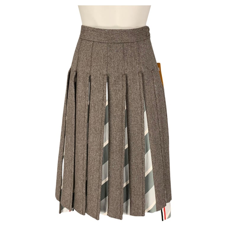 THOM BROWNE Size 2 Brown Grey Lambswool Herringbone Pleated Below Knee ...