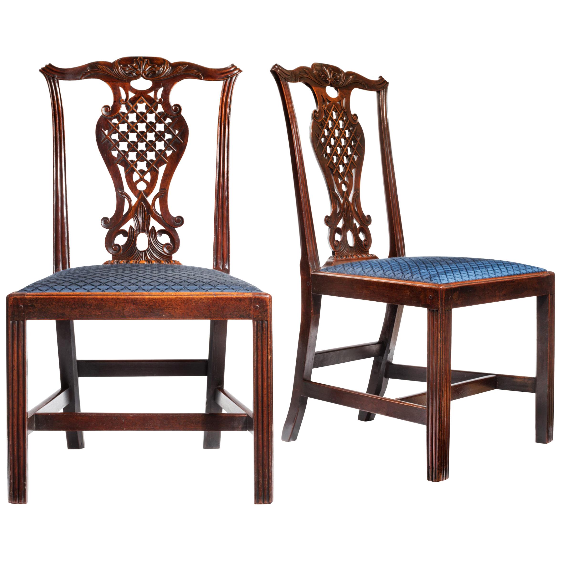 Thomas Chippendale 18th Century Mahogany Side Chairs with Blue Cushions ...