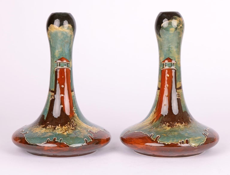 Thomas Forester Pair Art Nouveau Vases Painted with Lighthouses For ...
