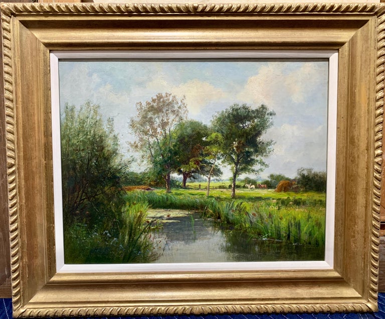 Victorian English 19th century Summer River with horses in a landscape ...