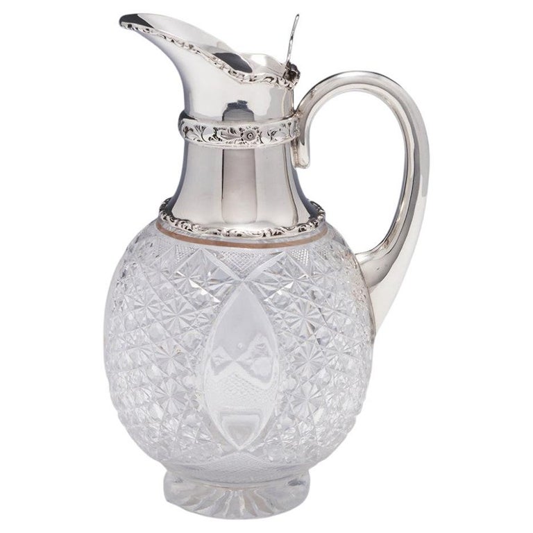 Pichet à vin en verre taillé Thomas Webb avec couvercle en argent c1908 ...