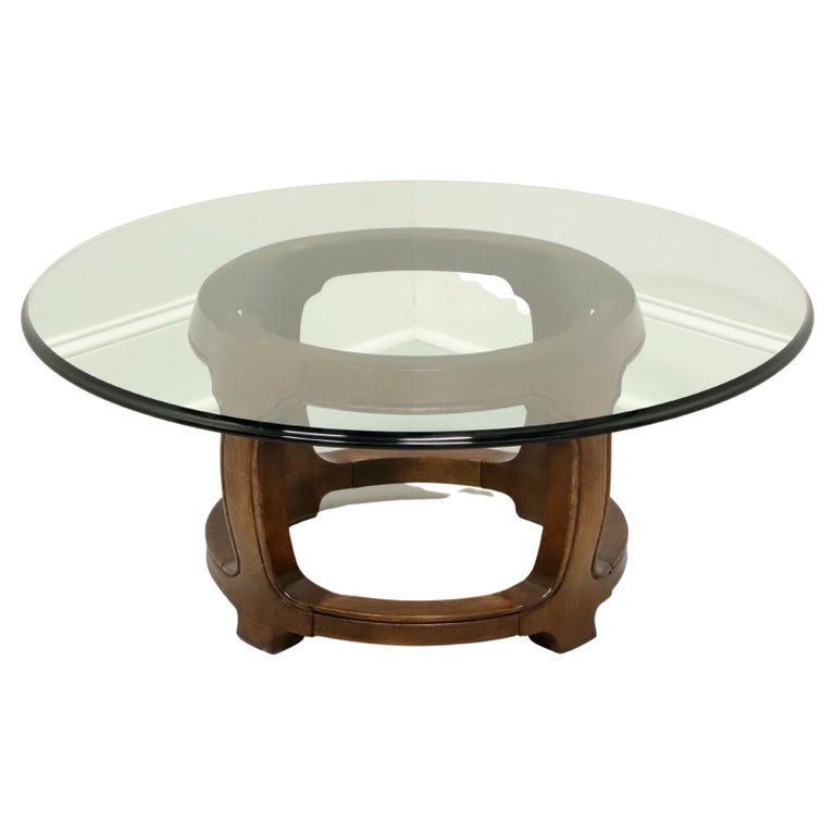 Thomasville Walnut Asian Round Glass Top Coffee Cocktail Table For Sale ...