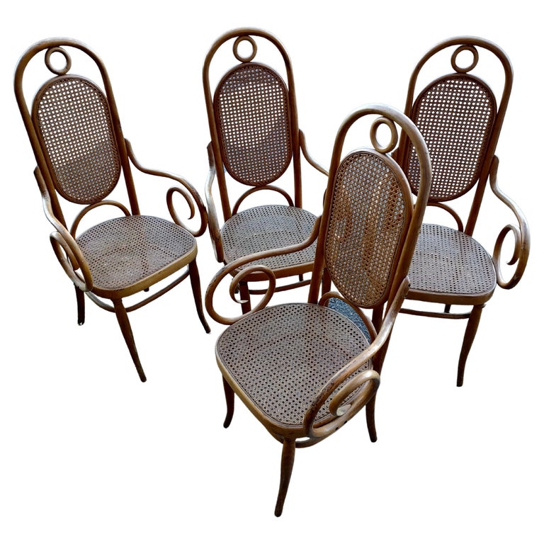 Thonet Model 17 Tall Back Caned Bentwood Armchairs Set of 4 For Sale at 1stDibs