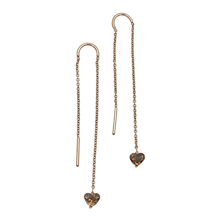 Threadthrough Rose Gold Chain Champagne Diamond Heart Earrings For Sale ...
