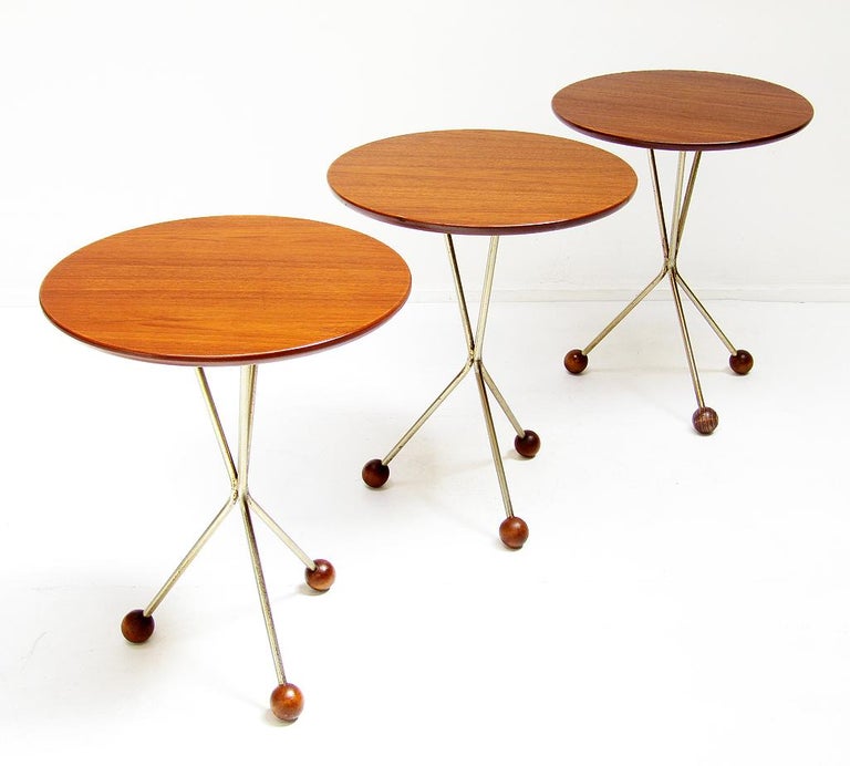 Three 1950s Swedish Round Atomic Side Tables in Teak and Brass by ...