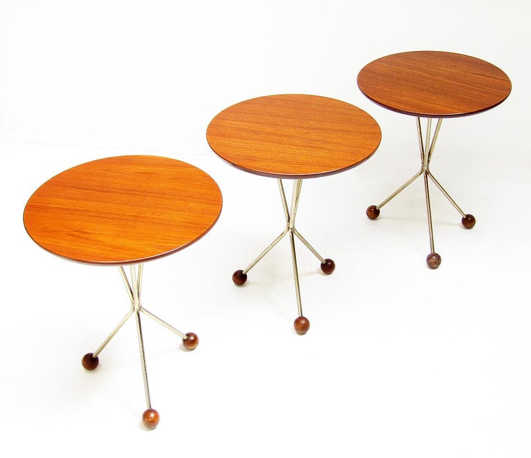Three 1950s Swedish Round Atomic Side Tables in Teak and Brass by ...