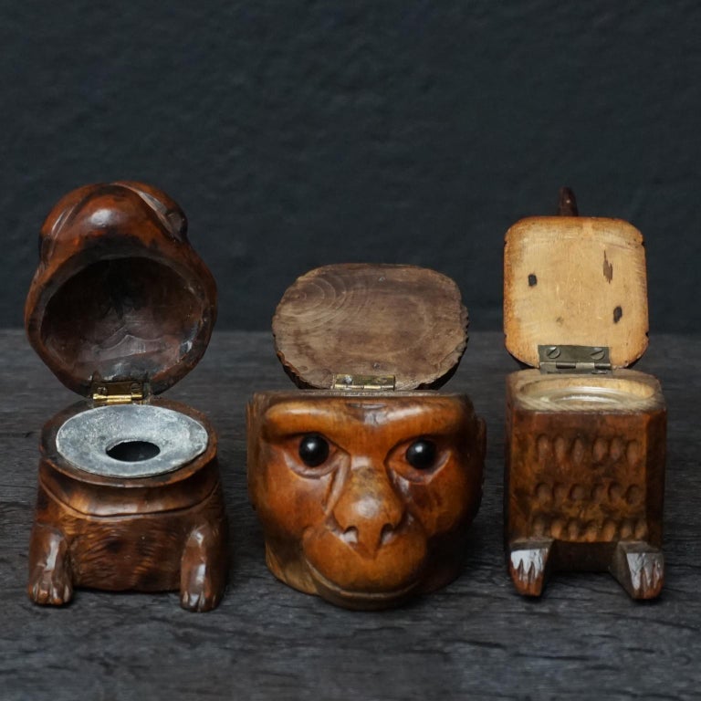 Three 19th Century Black Forest Carved Walnut Inkwells Monkey ...