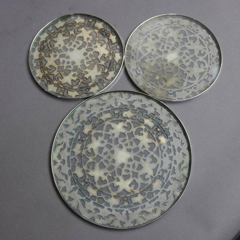 Three Antique Reticulated Sterling Silver Overlay and Glass Trivets ...