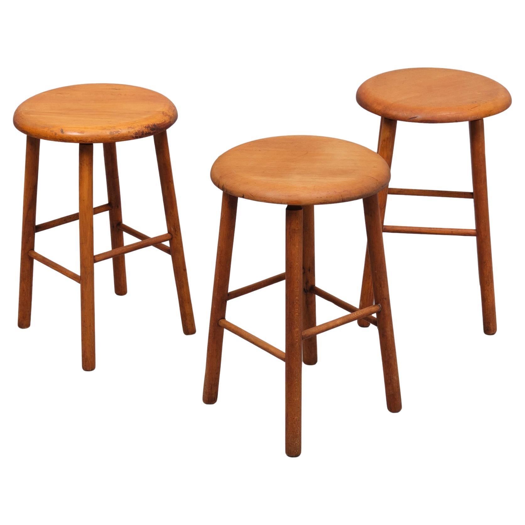 Set rustic Stools . Solid Oak wood . 1960s Holland For Sale at 1stDibs