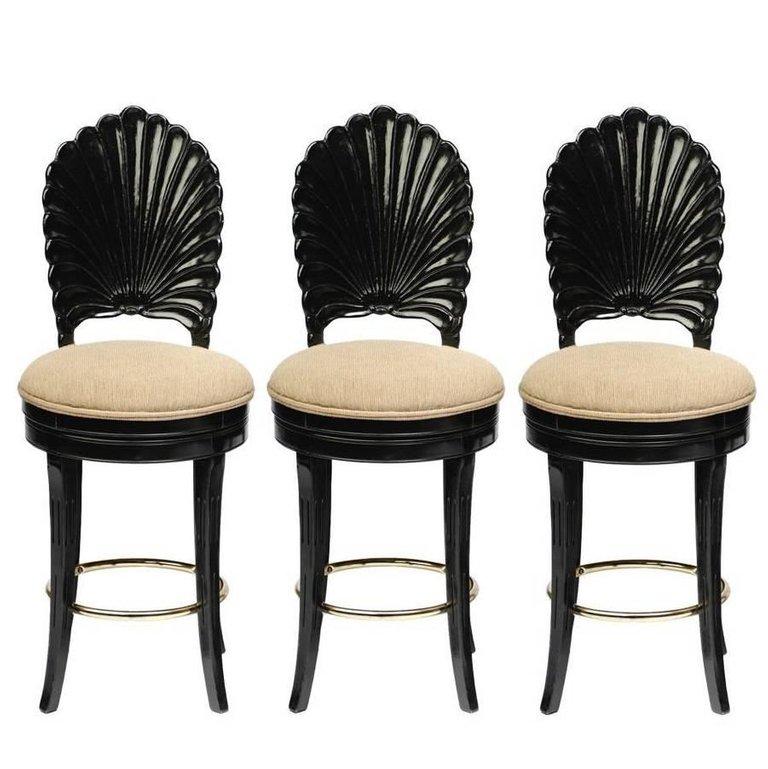 Three Black Lacquered Italian Venetian Grotto Shell Back Swivel Bar ...
