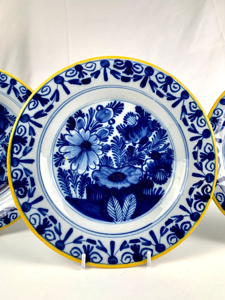Three Blue and White Delft Plates Hand Painted 18th Century Netherlands ...