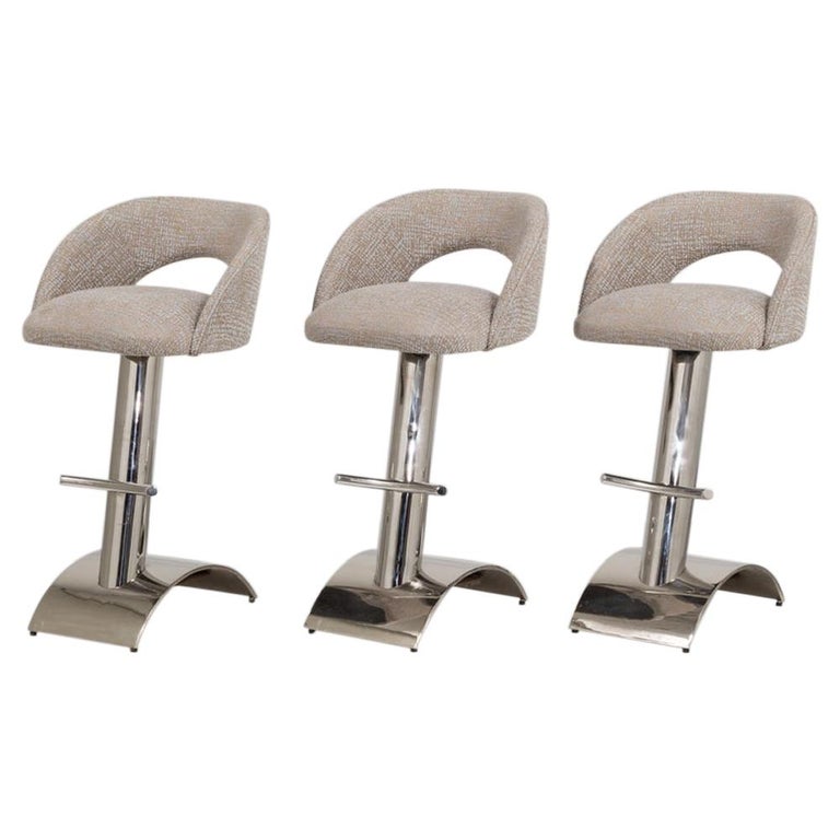 Three Chrome Framed Upholstered Bar Stools For Sale at 1stDibs