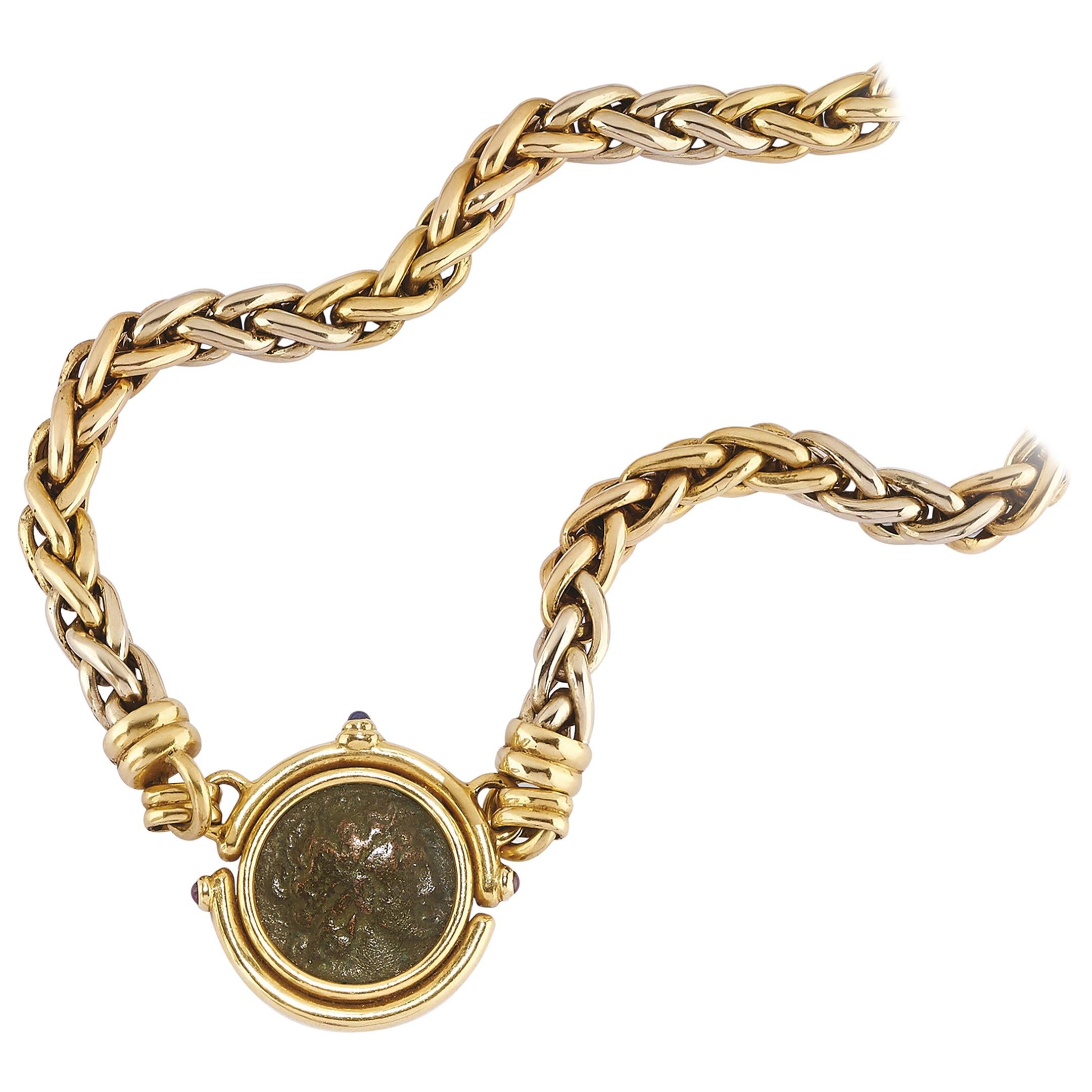 Three-Color 18 Karat Gold, Ruby, Sapphire, and Ancient Greek Coin ...