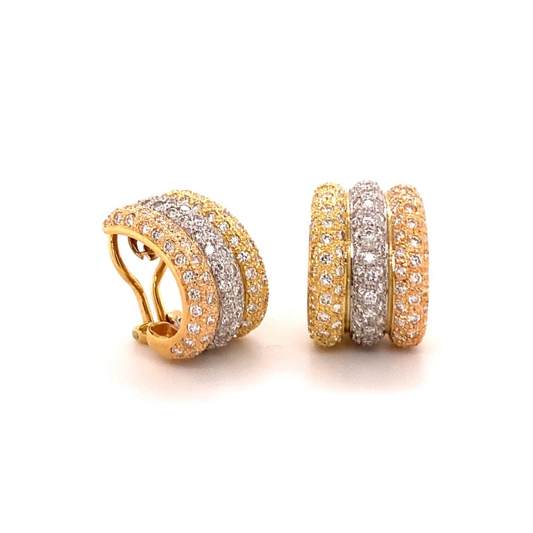 Three Colored Pair of Split Diamond Gold Ear Clips For Sale at 1stDibs
