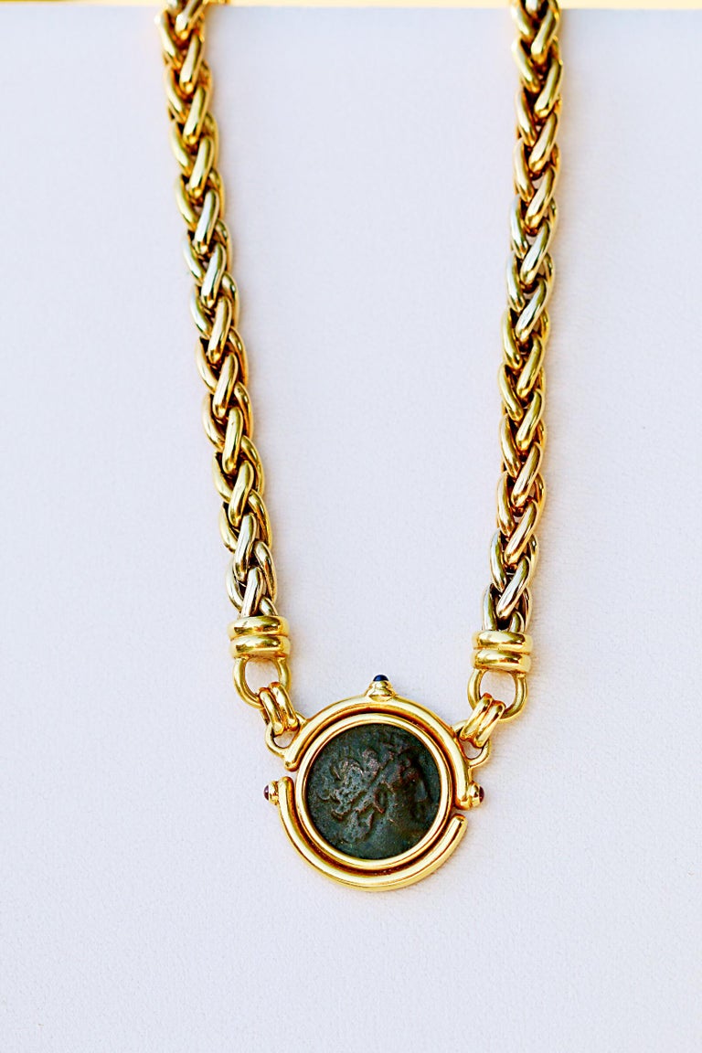 Three-Color 18 Karat Gold, Ruby, Sapphire, and Ancient Greek Coin ...