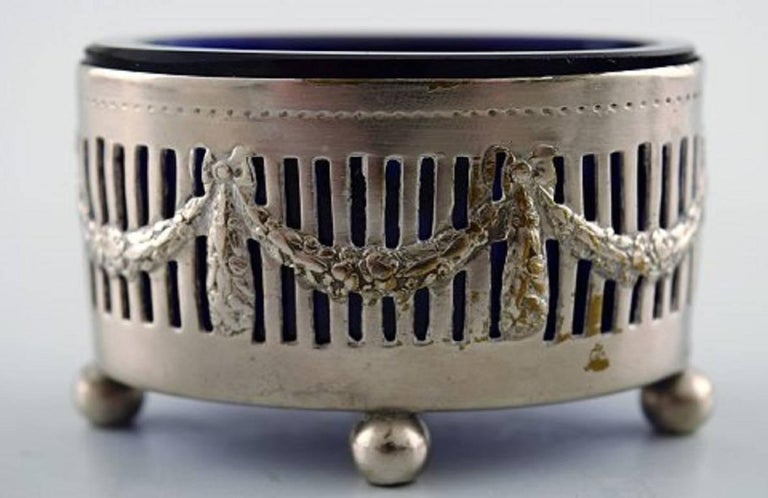 Three Danish Salt Jars in Silver with Blue Glass Inserts and Salt ...