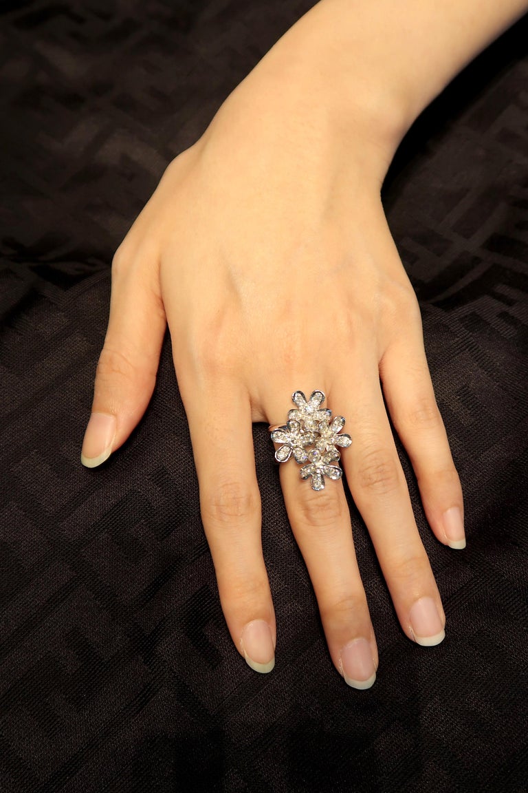 Three Dimensional 5-Petal Flower Bouquet Diamond Ring 18 Karat White ...