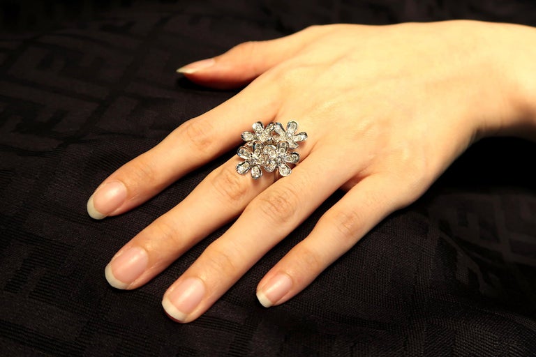Three Dimensional 5-Petal Flower Bouquet Diamond Ring 18 Karat White ...