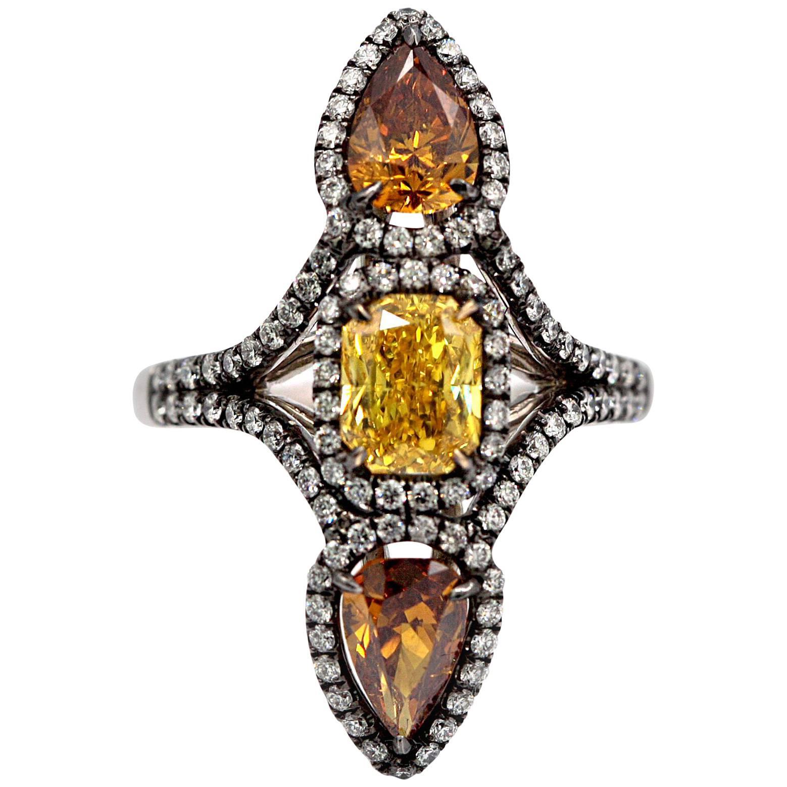 Three Fancy Color Diamonds Ring 3.49 Carat Total Vivid Yellow Deep ...
