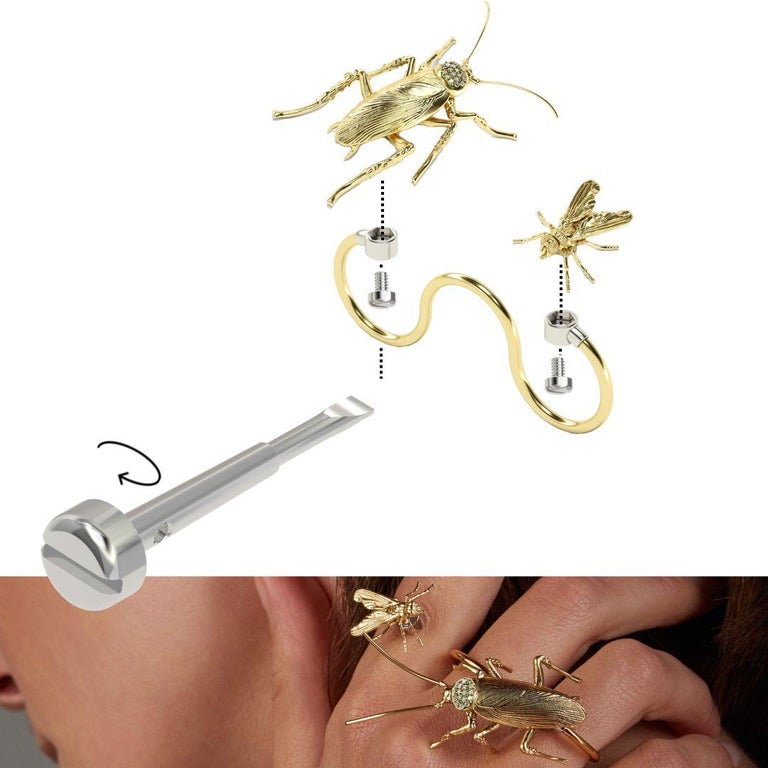 Three-Finger Cocktail Ring with Cockroach Diamonds and Fly, 18K Yellow ...