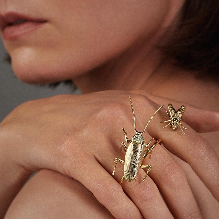 Three-Finger Cocktail Ring with Cockroach Diamonds and Fly, 18K Yellow ...