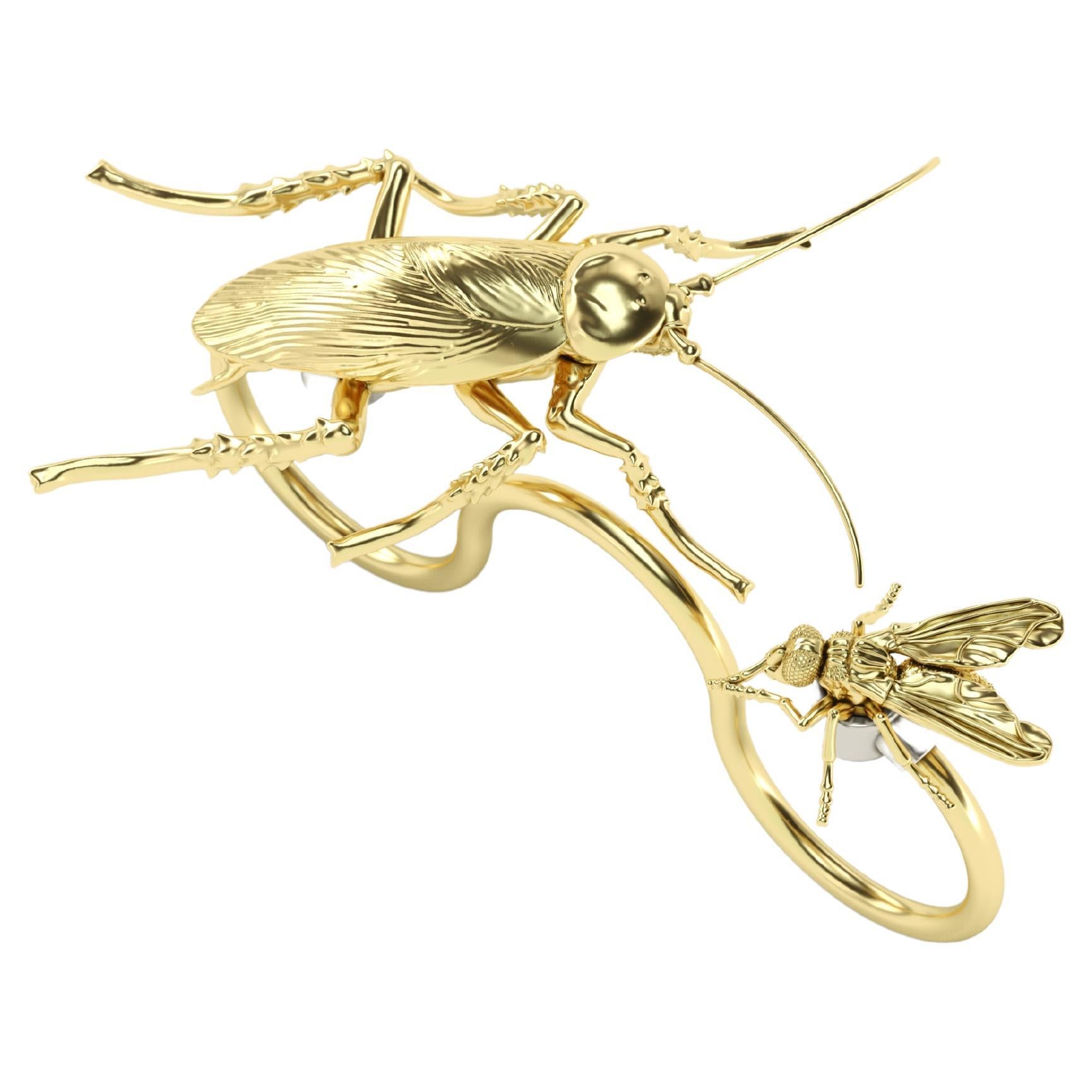 Three-Finger Cocktail Ring with Cockroach and Fly, 18K Yellow Gold For ...