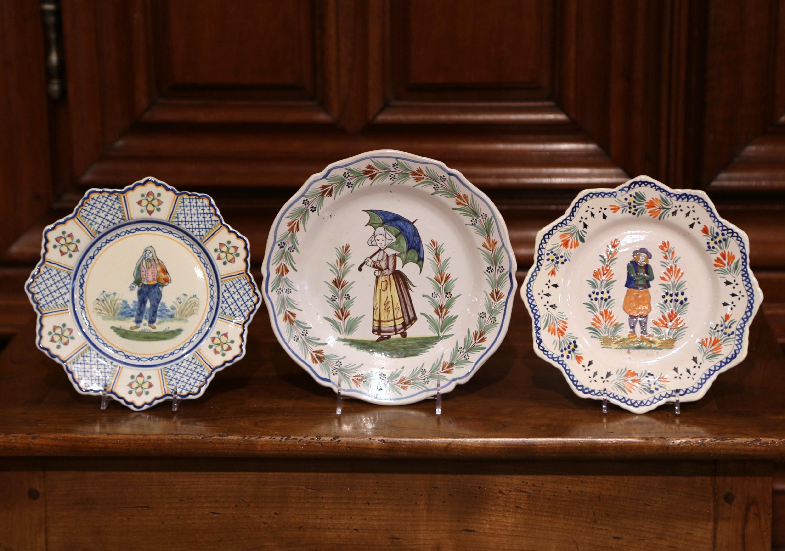 Three French Antique Hand Painted Faience Plates from Henriot Quimper ...