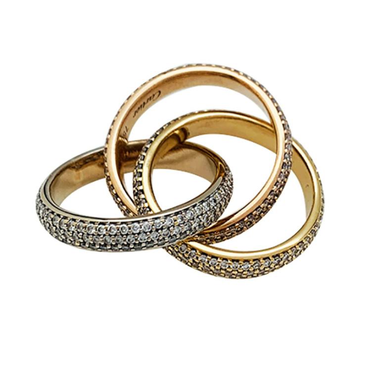 Three Golds Cartier "Trinity" Ring, Diamonds For Sale at 1stDibs