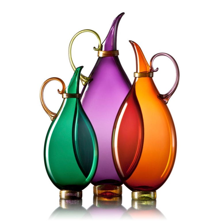 Three Hand Blown Glass Pitcher Vases by Vetro Vero, Custom Colors For ...