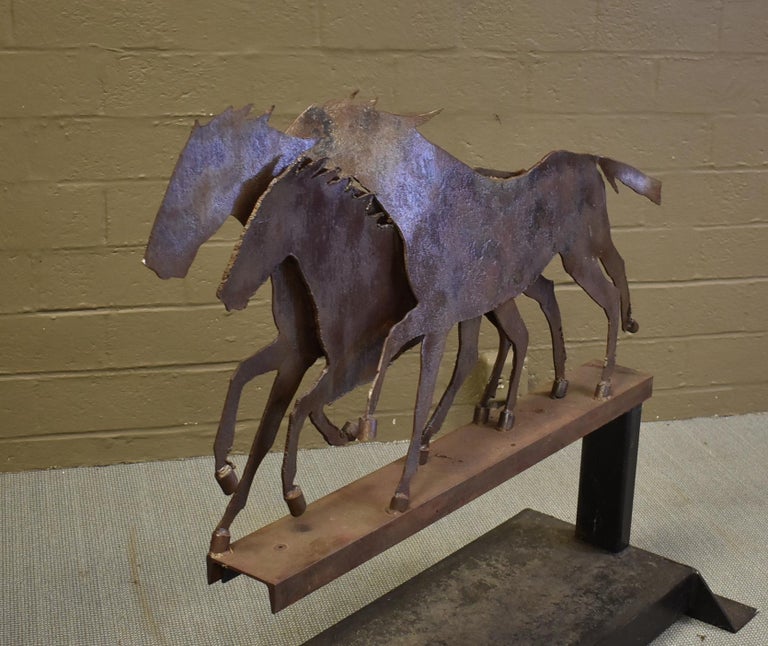 Three Hand Cut Iron Galloping Horses Outdoor Sculpture on Base For Sale ...