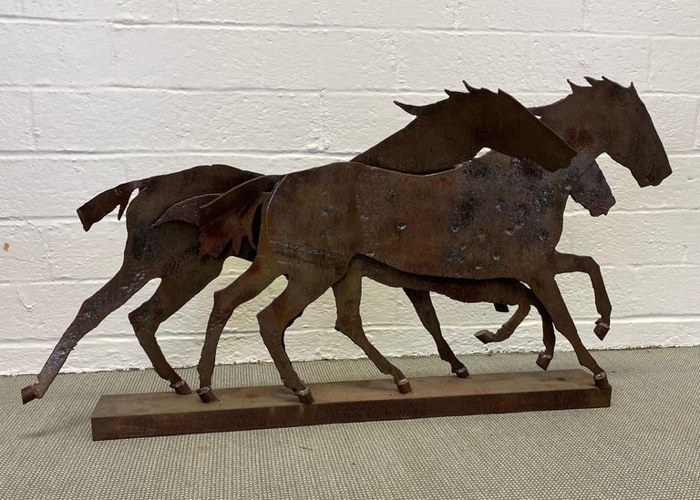 Three Hand Cut Iron Galloping Horses Outdoor Sculpture on Base at 1stDibs