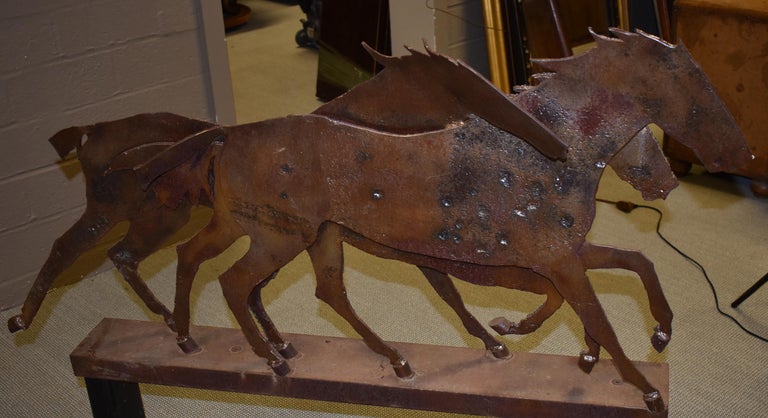 Three Hand Cut Iron Galloping Horses Outdoor Sculpture on Base For Sale ...