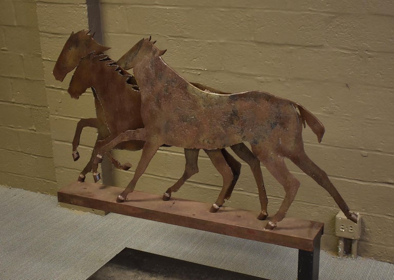 Three Hand Cut Iron Galloping Horses Outdoor Sculpture on Base For Sale ...