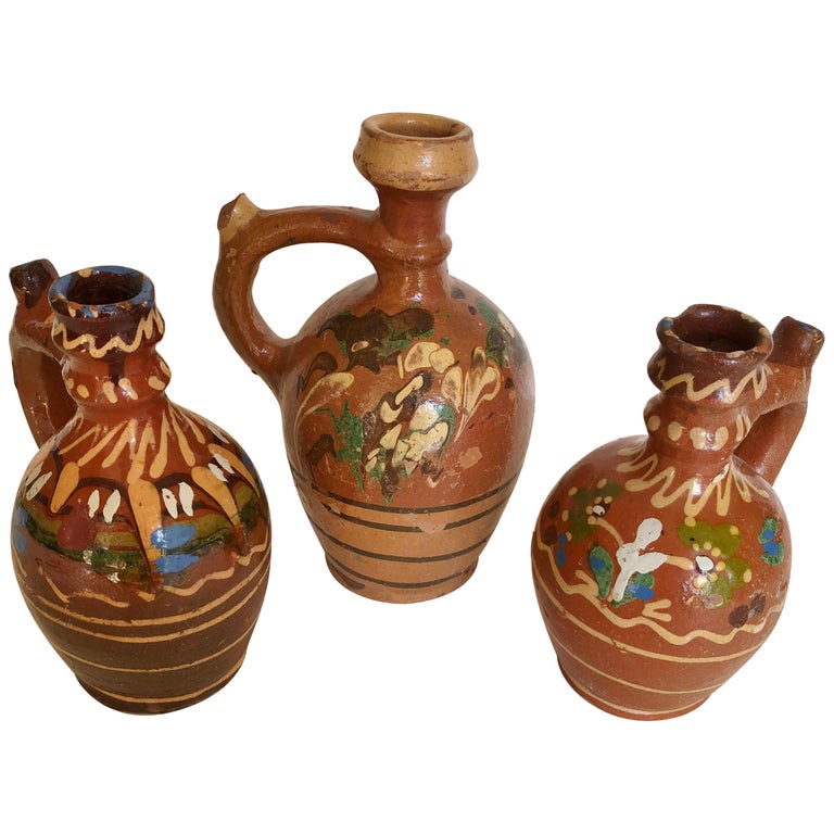 Group of Three Terracotta Pottery Folk Art Carafes from Transylvania ...