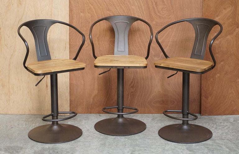 Three Height Adjustable Swivel Bar Stools Metal Frames Oak Seats Lovely ...