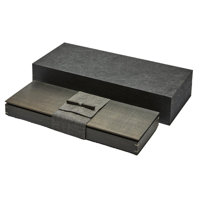 Three Damascus Knife Set with 3000-5000 Year-old Bog-oak Display Box ...