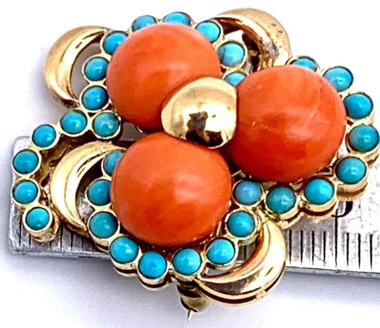 Three Leaf Clover Coral Turquoise Gold Brooch, Italy For Sale at 1stDibs