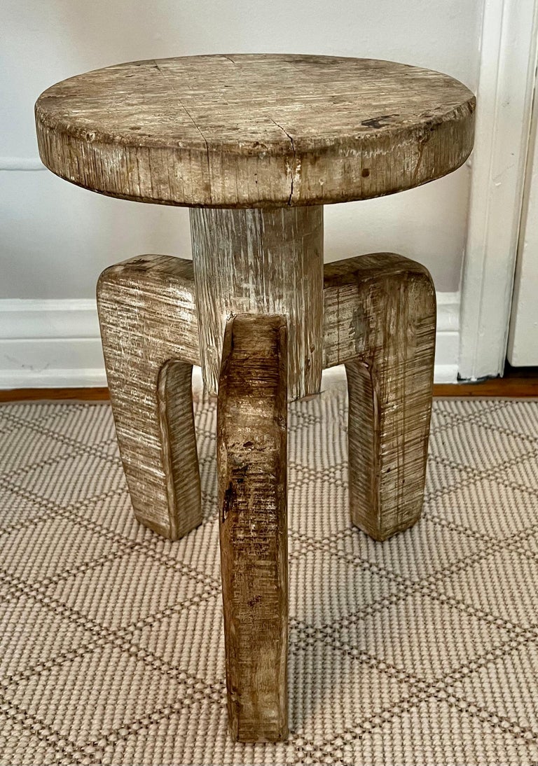 Three Leg White Washed Rustic Organic Bench or Stool For Sale at 1stDibs