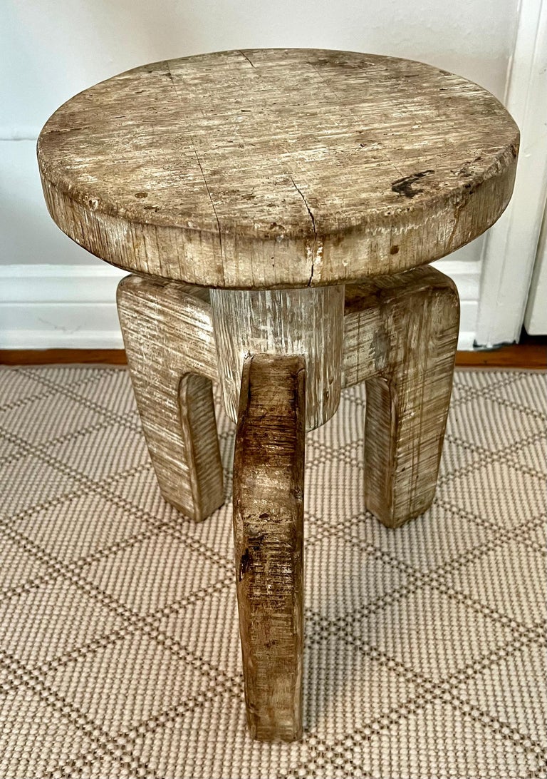 Three Leg White Washed Rustic Organic Bench or Stool For Sale at 1stDibs