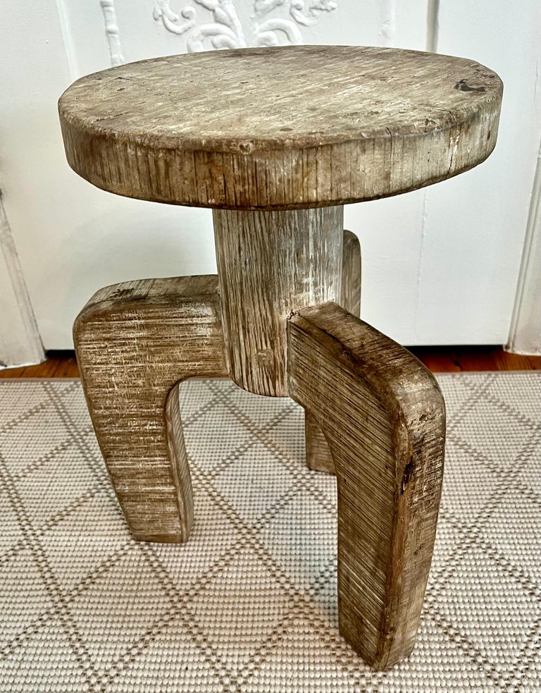 Three Leg White Washed Rustic Organic Bench or Stool For Sale at 1stDibs