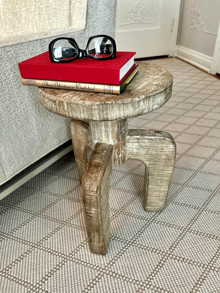 Three Leg White Washed Rustic Organic Bench or Stool For Sale at 1stDibs