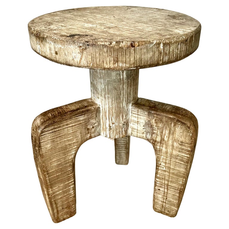 Three Leg White Washed Rustic Organic Bench or Stool For Sale at 1stDibs