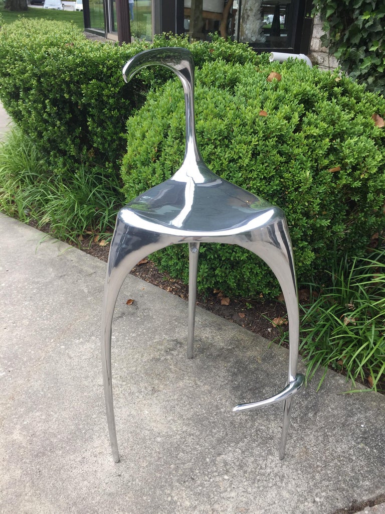 Three-Legged Sculptural Pair of Heavy Polished Aluminum Bar Stools For ...