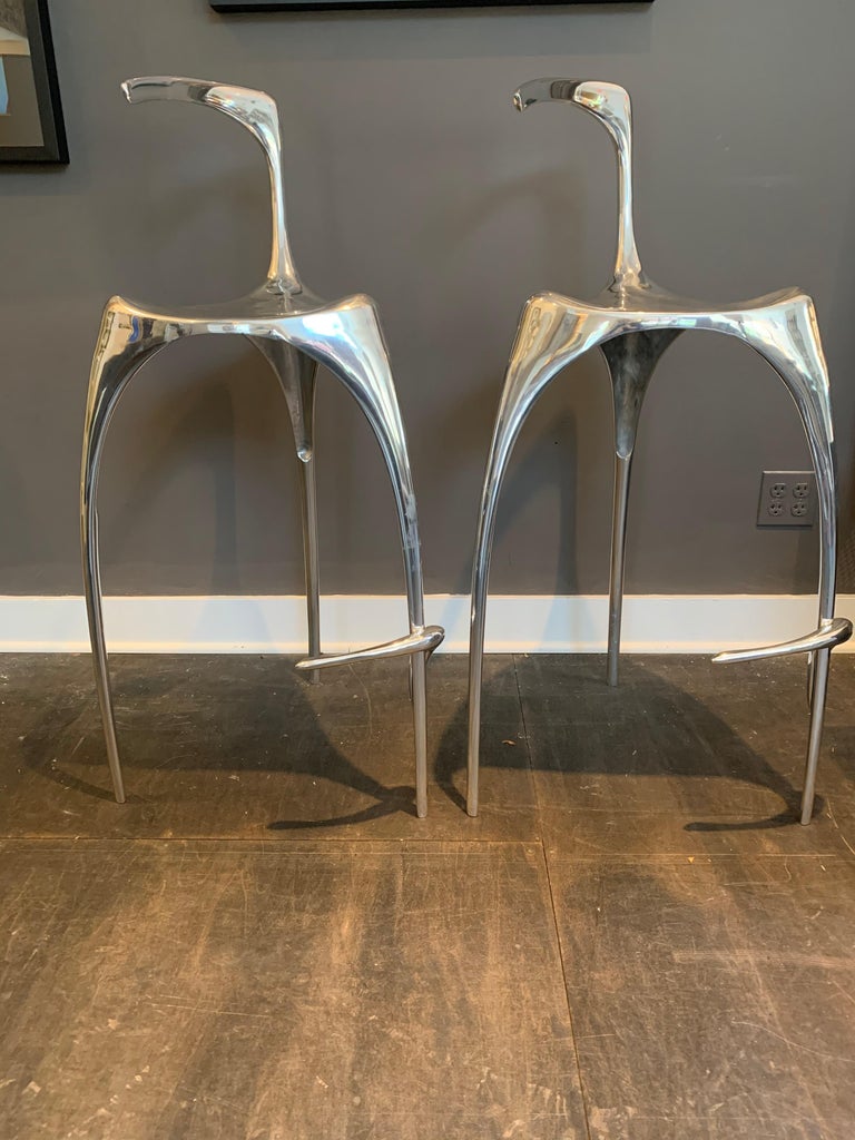 Three-Legged Sculptural Pair of Heavy Polished Aluminum Bar Stools For ...