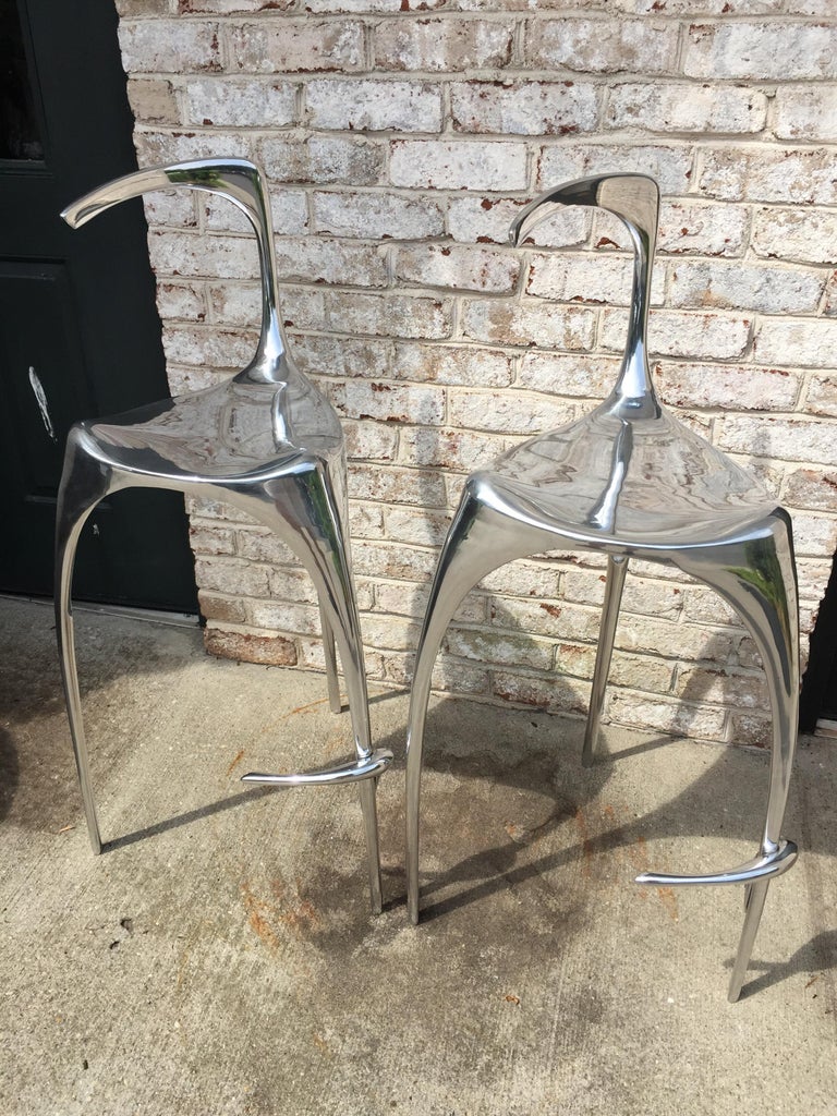 Three-Legged Sculptural Pair of Heavy Polished Aluminum Bar Stools For ...