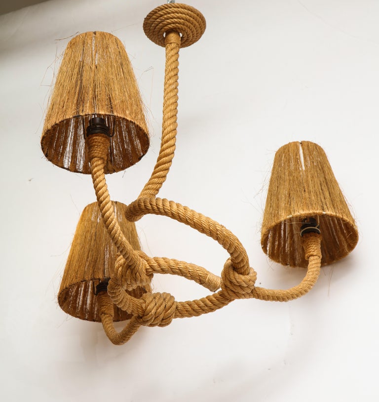 Three Lights Rope Chandelier by Audoux Minet, France, 1960s at 1stDibs