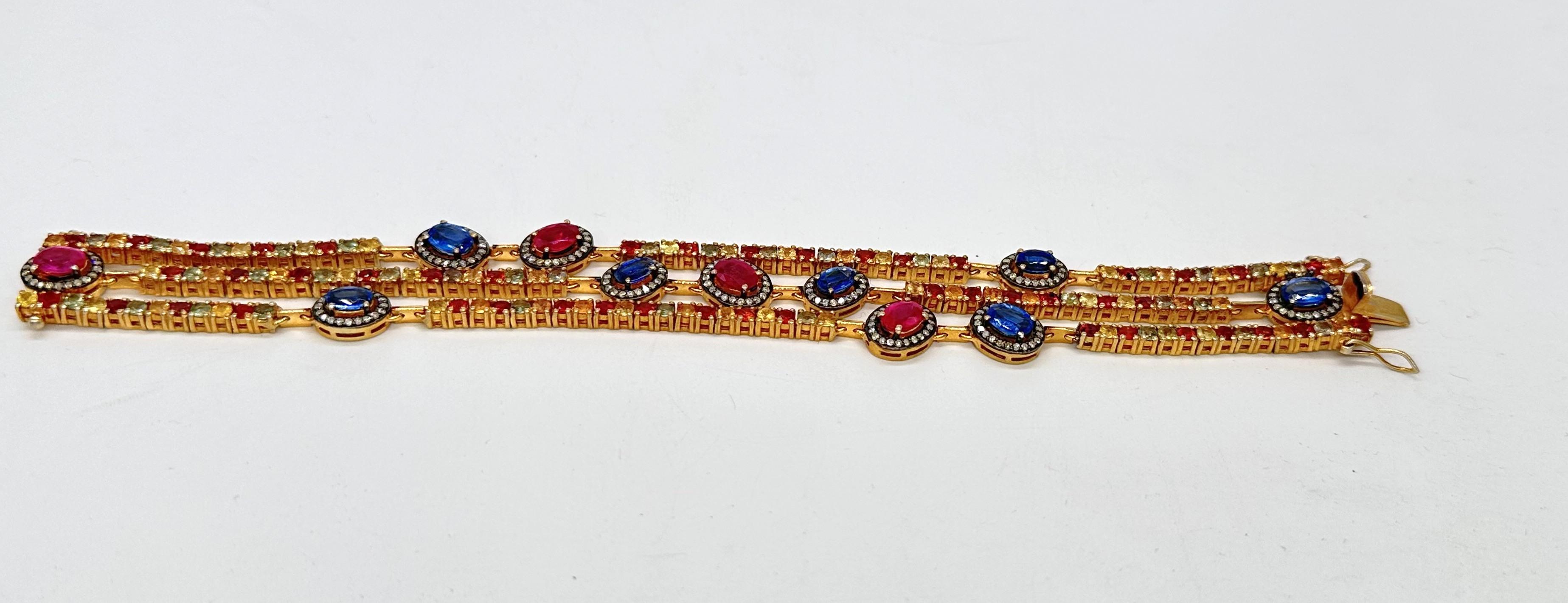 Three-Line Gold Silver Bracelet with diamonds, Sapphires, Rubies, and ...