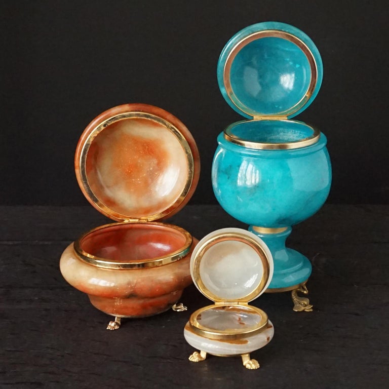 Three MCM Italian Alabaster and Brass Claw Dolphin Footed Lidded ...