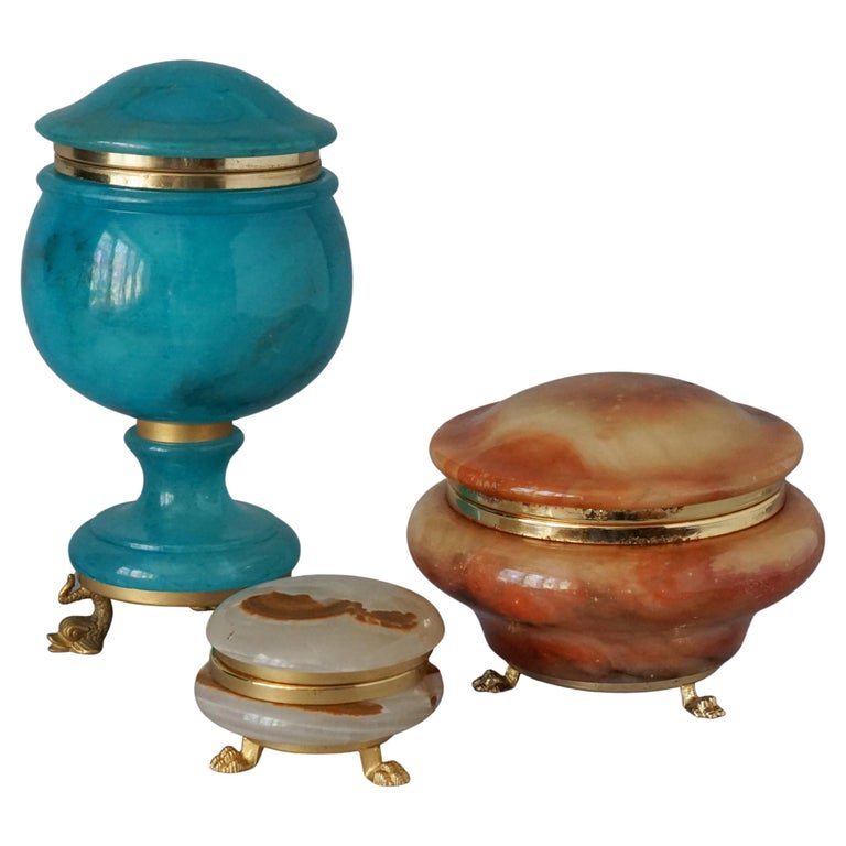 Three MCM Italian Alabaster and Brass Claw Dolphin Footed Lidded ...