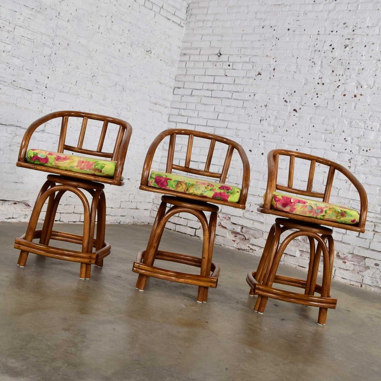 Three MCM Rattan Swivel Counter Height Bar Stools by Rattan Specialties ...